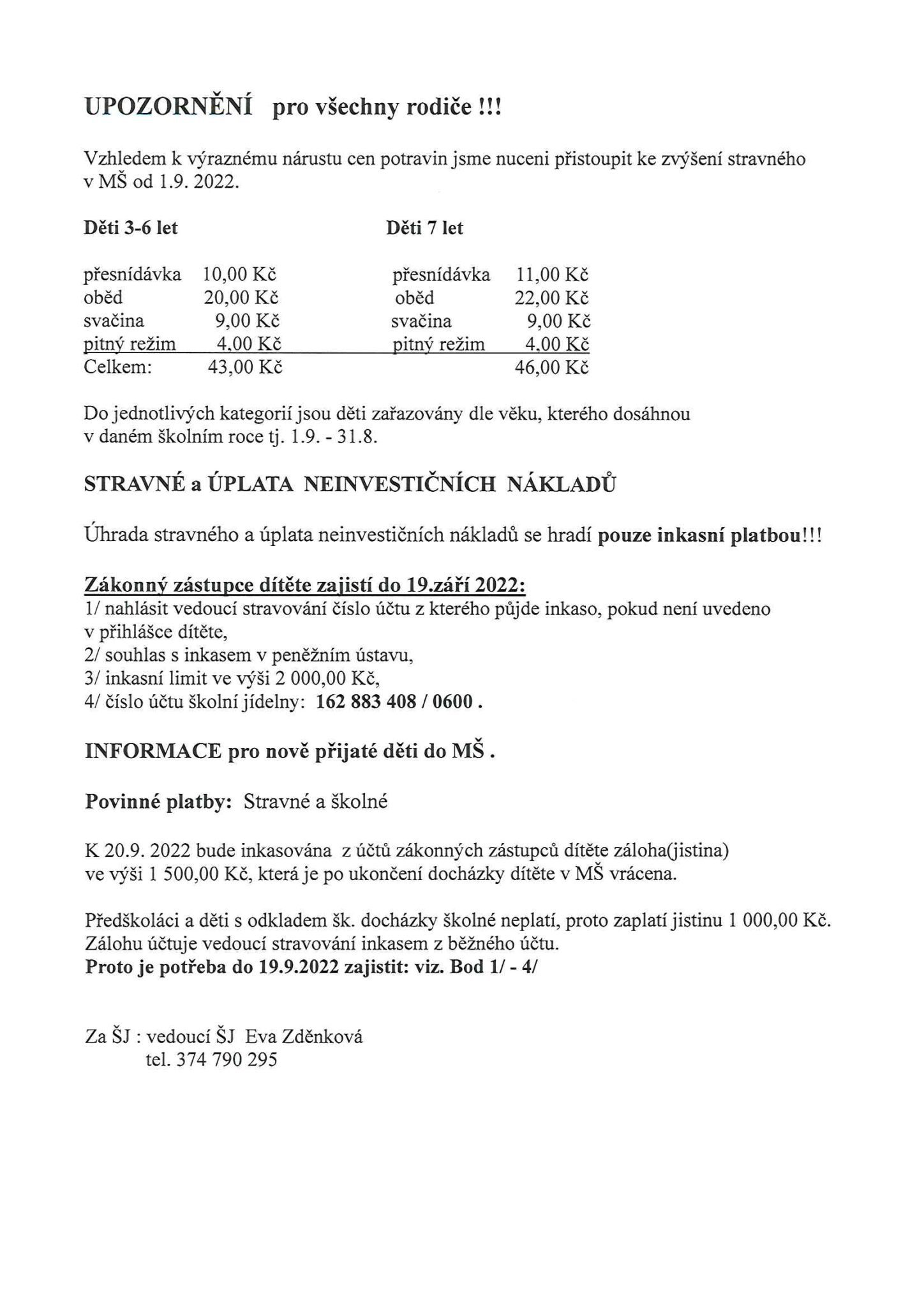 Stravné od 1.9.2022 - MŠ Bor